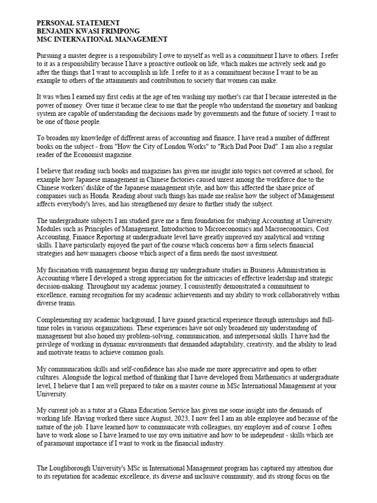 Loughborough MSc International Management Statement | PDF | Career & Growth