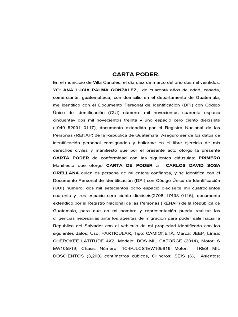 Carta Poder para Sacar Vehiculo Del Pais Charly | PDF
