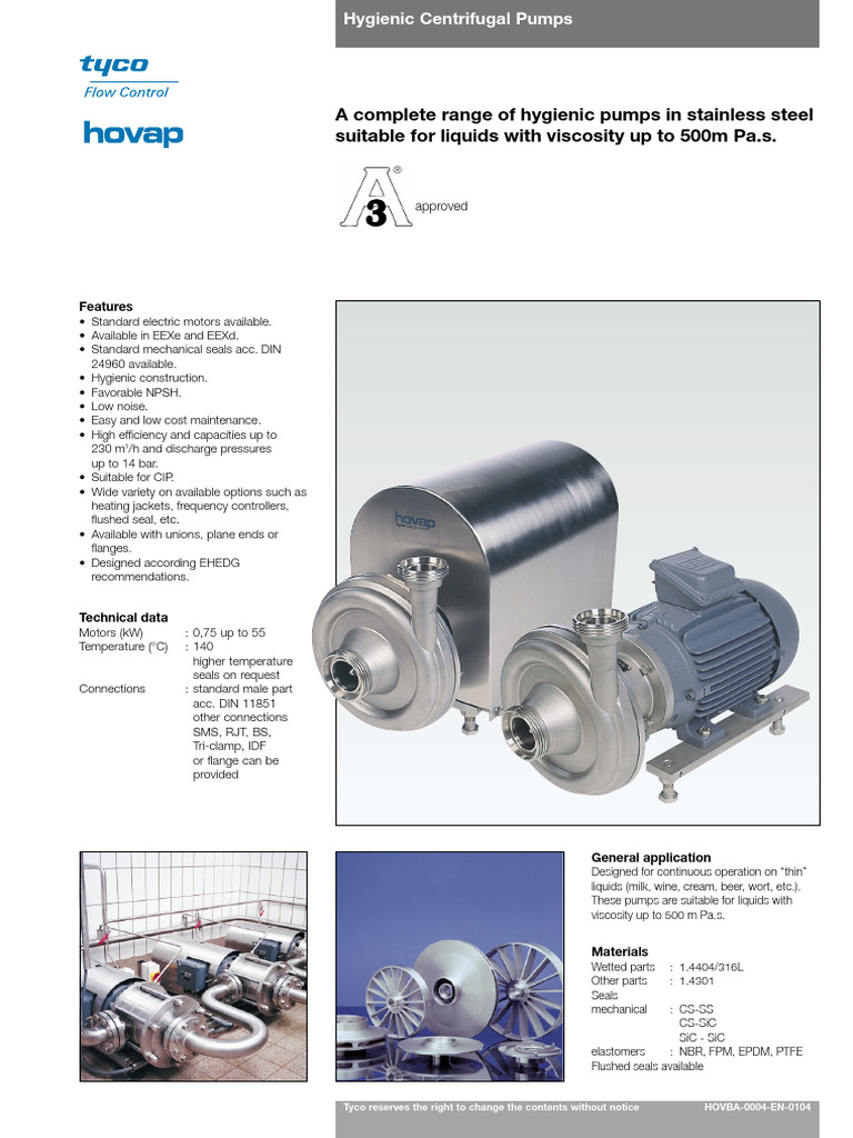 Hovap Hygienic Centrifugal Pumps | PDF | Pump | Manufactured Goods