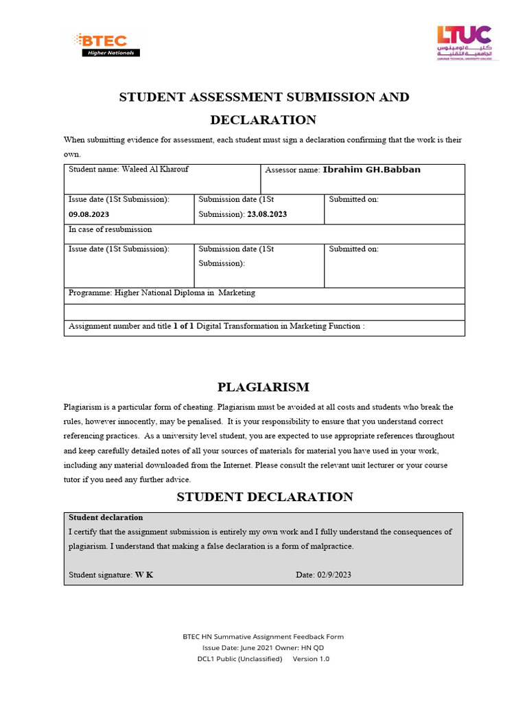 STUDENT ASSESSMENT SUBMISSION AND DECLARATION | PDF | Digital Marketing ...
