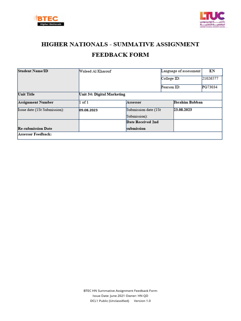 Summative Assignment Feedback Form | PDF