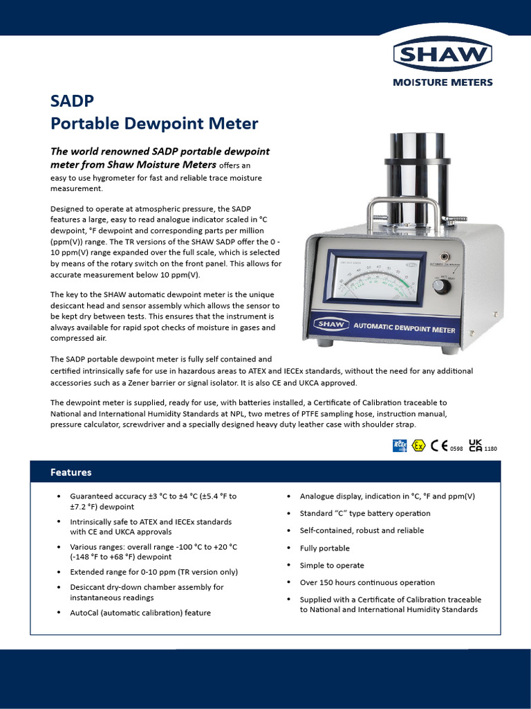 SHAW SADP Dewpoint Meter Specification Sheet | PDF | Calibration | Humidity