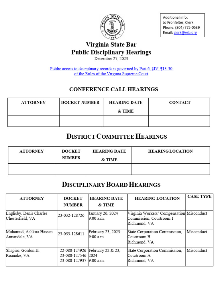 VSB Docket Hearing | PDF | Courtroom | Disbarment