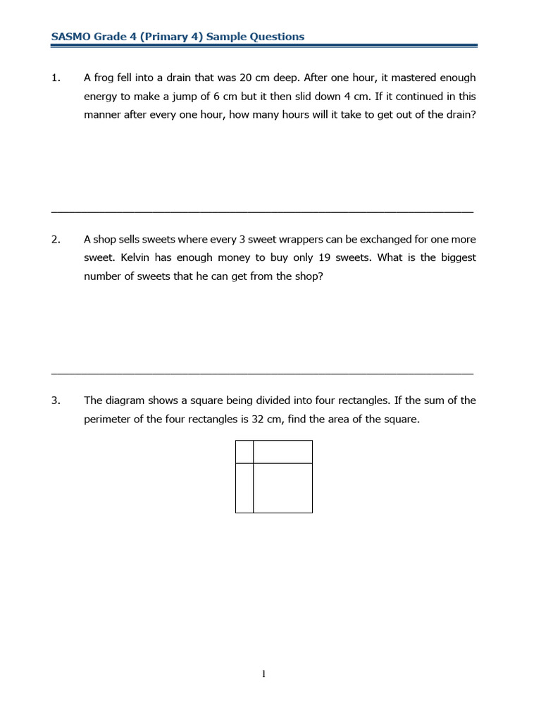 SASMO Grade 4 Sample Questions | PDF | Mathematics | Elementary Mathematics