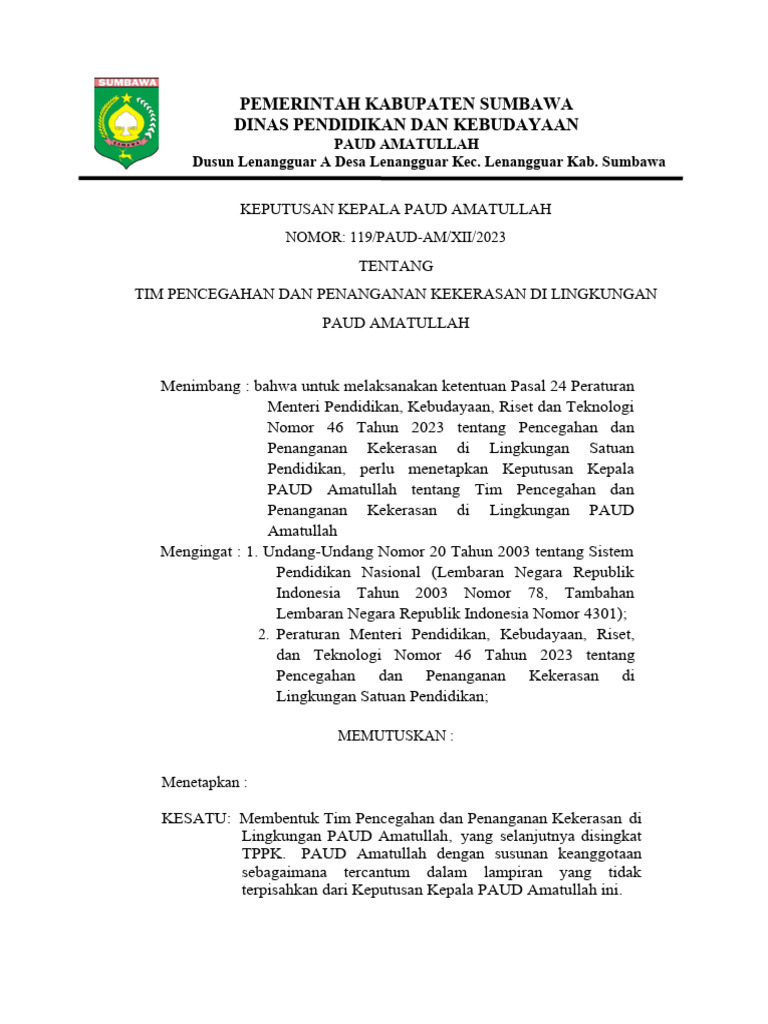 Format SK TIM Dan Lampiran Pencegahan Dan Penanganan Kekerasan Di ...