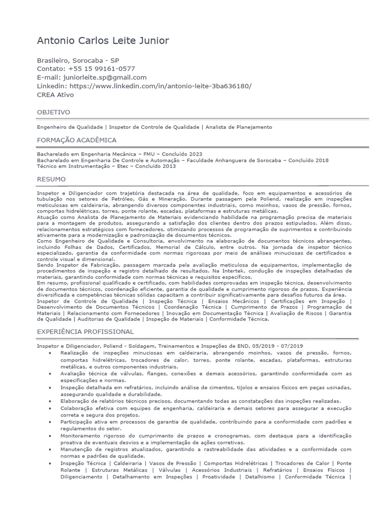 Currículo Antonio Carlos Leite Junior | PDF