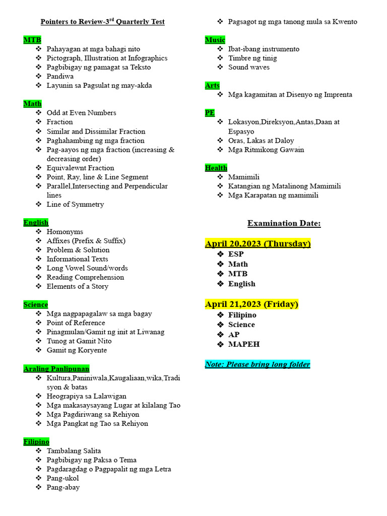 3rd quarter Pointers to Review | PDF