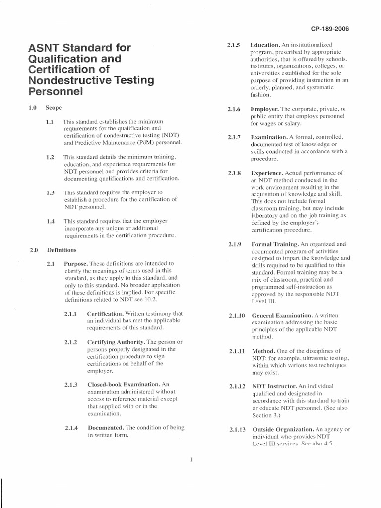 CP189-2006 ASNT Standard For Qualification & Certification of Testing ...