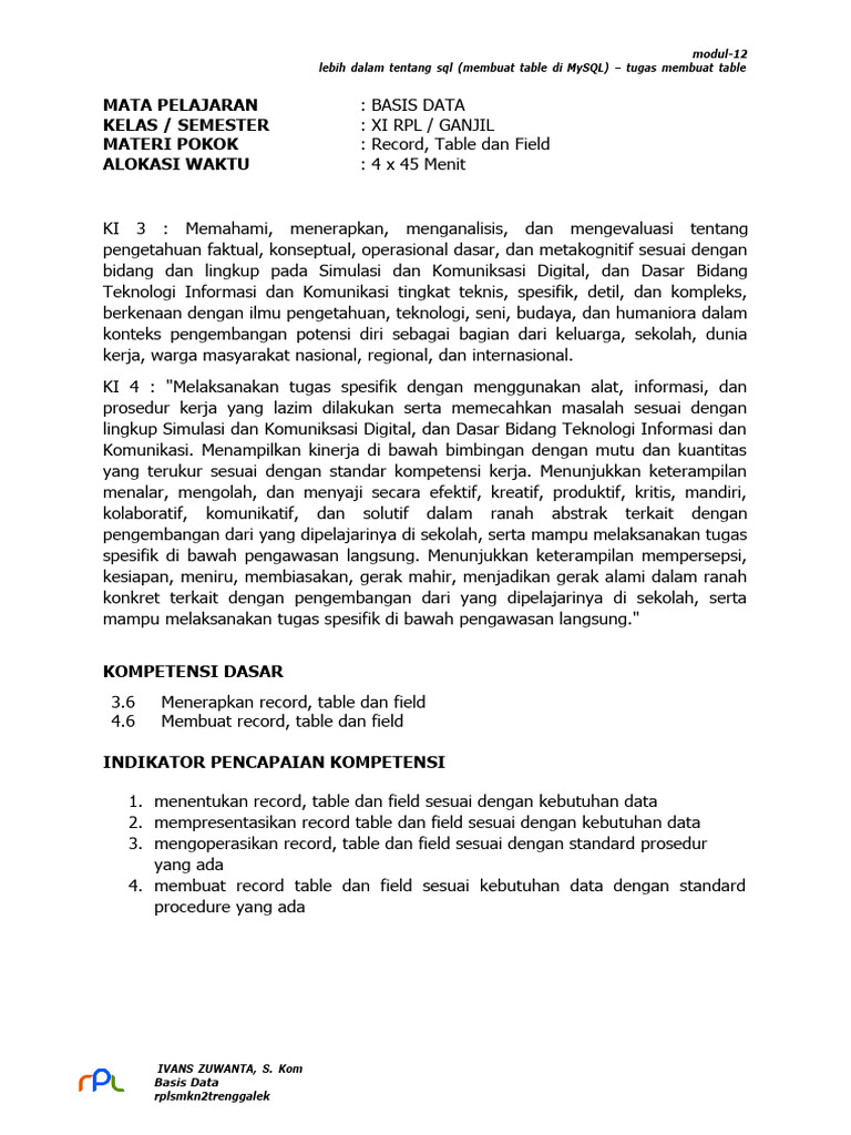 MODUL LEBIH DALAM TENTANG SQL-TUGAS MEMBUAT TABEL Refisi2 | PDF