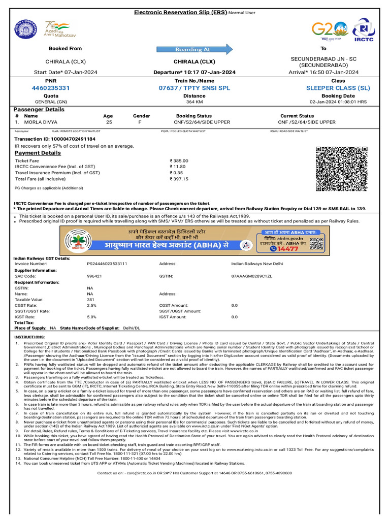 Tpty Snsi SPL Sleeper Class (SL) | PDF | Identity Document