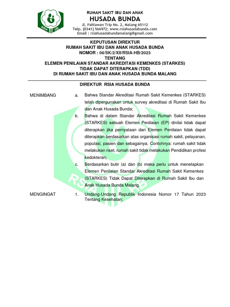 SK Tentang Elemen Penilaian Standar Akreditasi Kemenkes (STARKES) Tidak Dapat Diterapkan (TDD ...