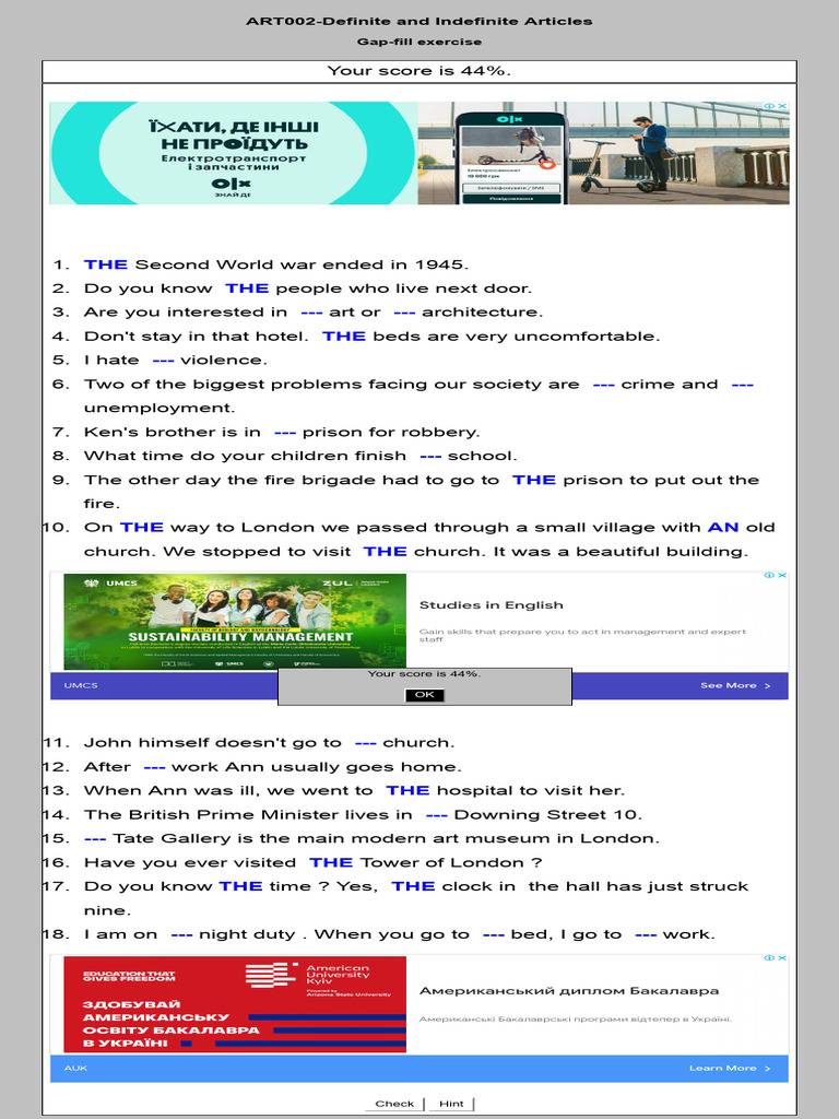 Definite and Indefinite Articles Exercise | PDF