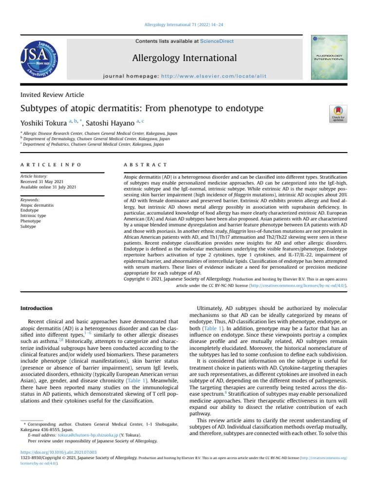 Subtypes of Atopic Dermatitis - From Phenotype To Endotype | PDF | Self-Improvement