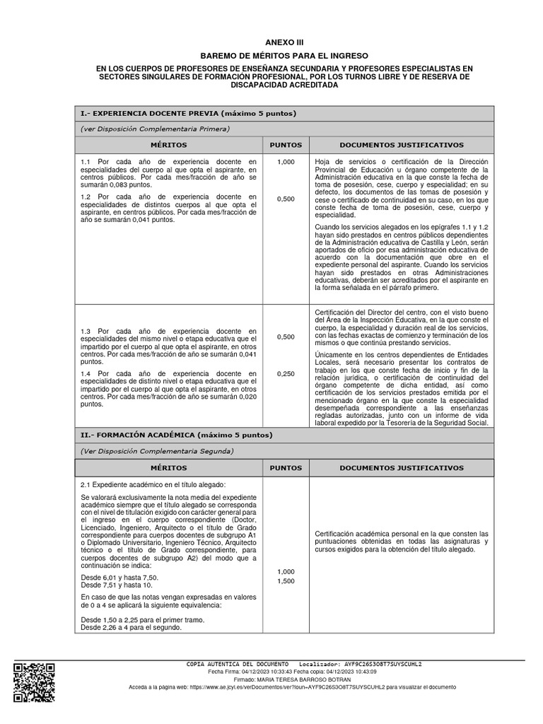 ANEXO III - Baremo Ingreso | PDF | Licenciatura | Maestros
