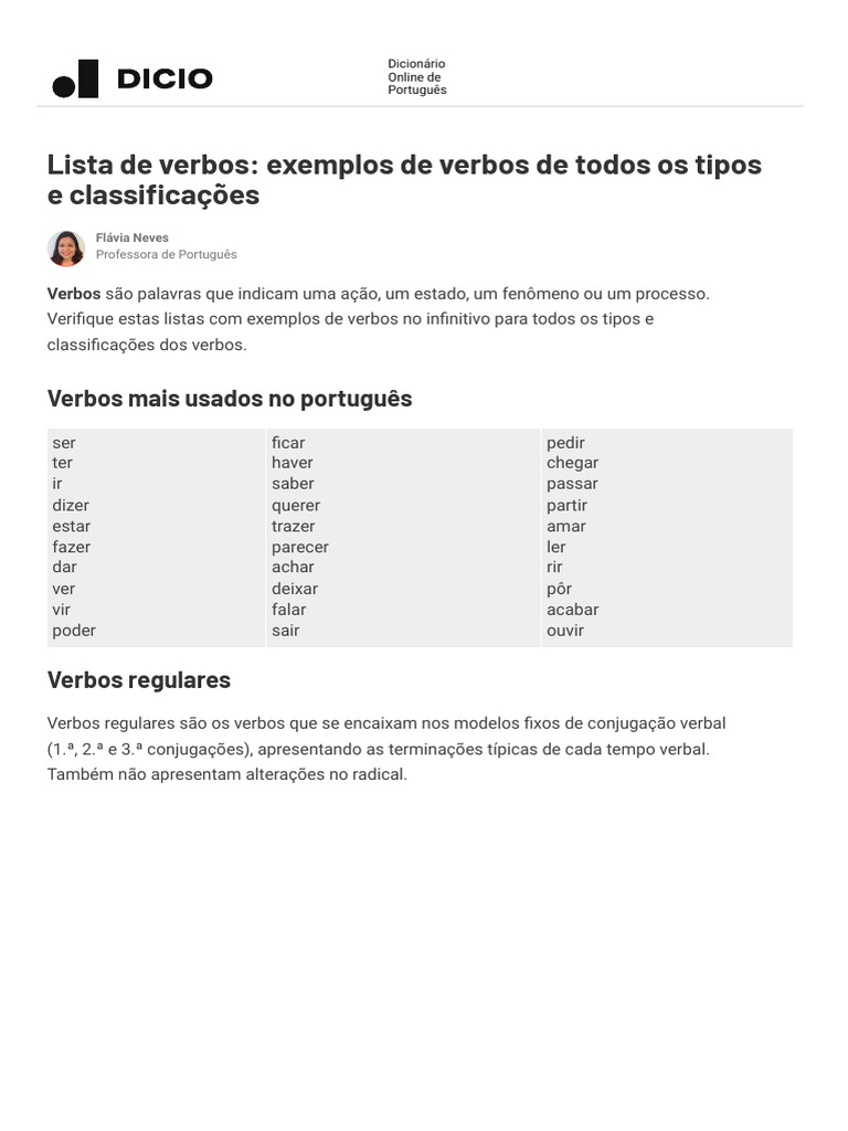 Lista De Verbos Exemplos De Verbos De Todos Os Tipos E Classifi