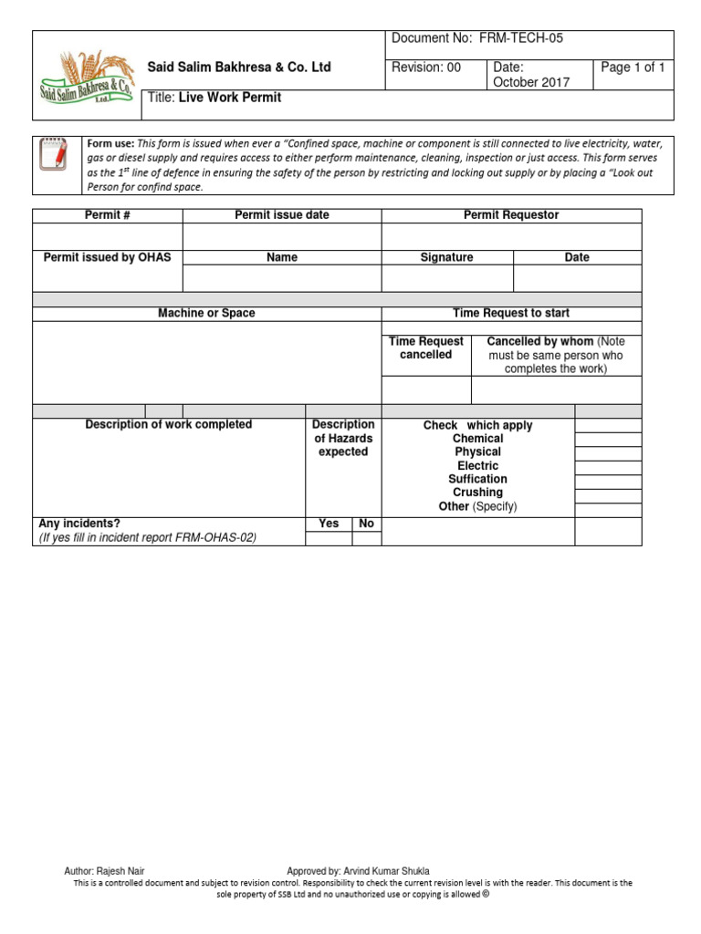 FRM-TECH-05 Live Work Permit | PDF