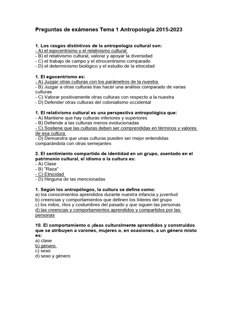 Preguntas de Exámenes Tema 1 Antropología 2015-2023 | PDF | Antropología | Relativismo
