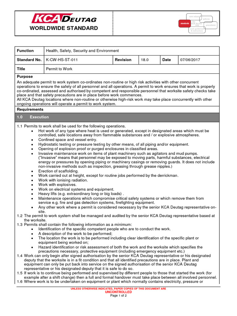 K-CW-HS-ST-011 Permit To Work 18.0 | PDF | Hazards | Safety