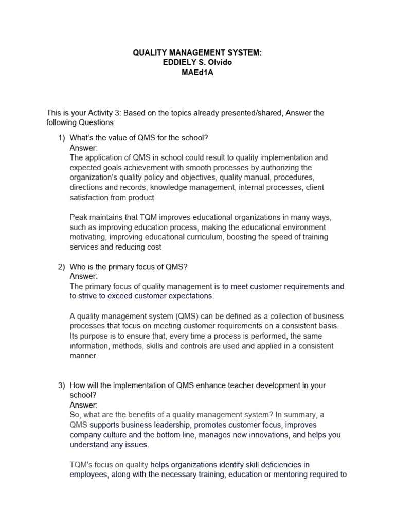 QMS - Activity number 3 | PDF | Quality Management System | Quality ...