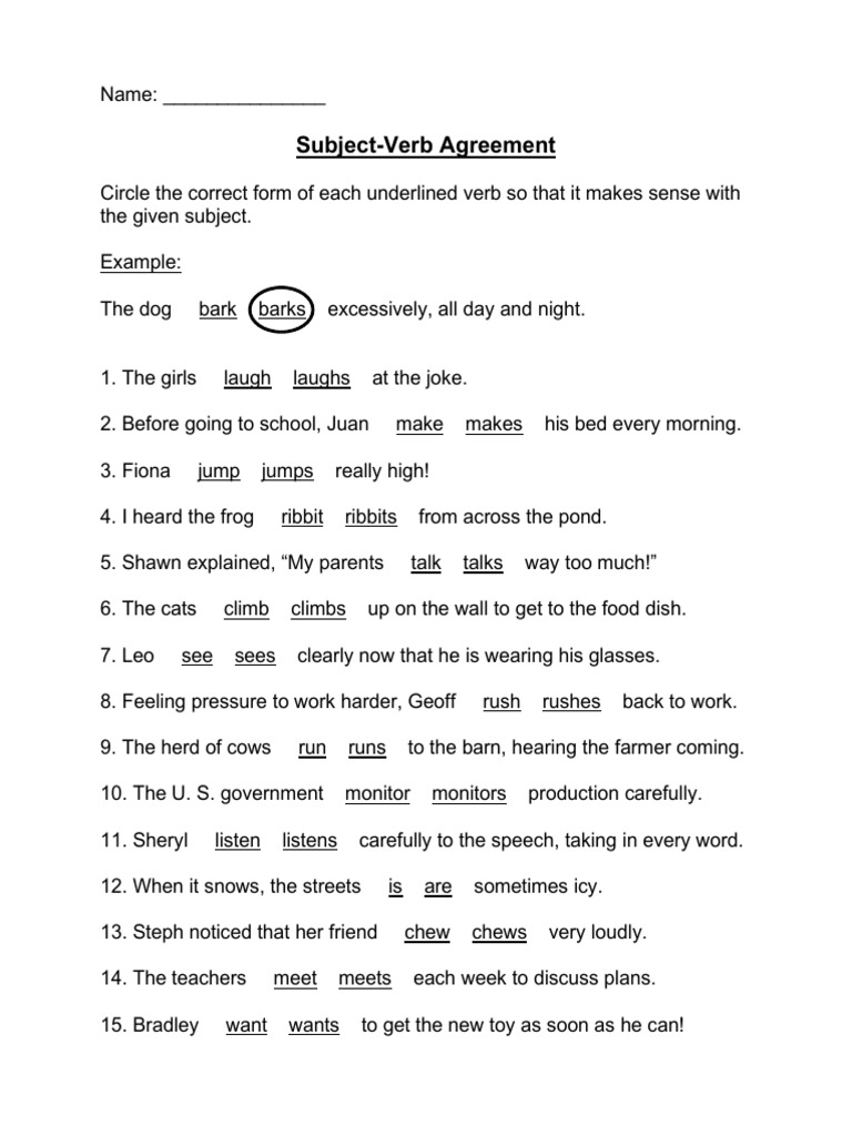 Subject-Verb Agreement Exercises | PDF