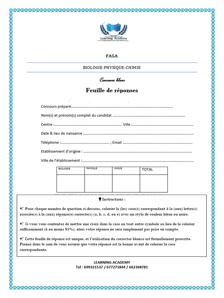 Feuille de réponses concours blanc | PDF | Échecs