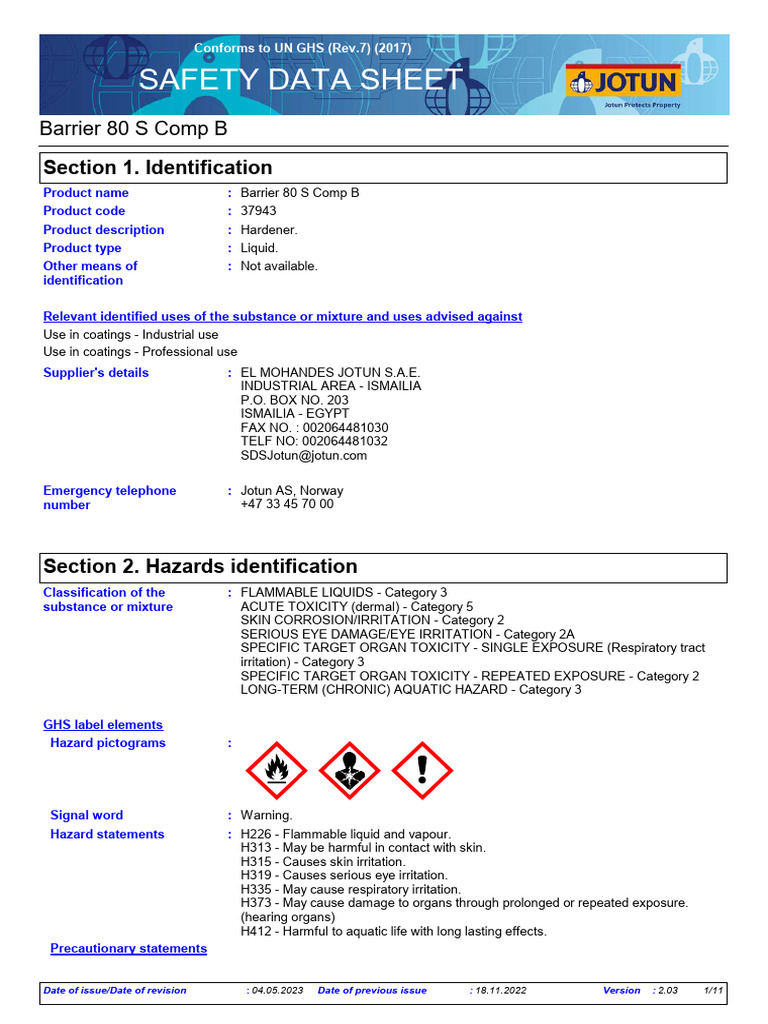 MSDS Barrier 80 S Comp B | PDF