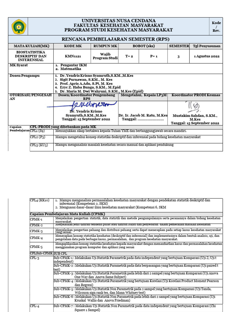 RPS Biostatistika - Semester 3 | PDF