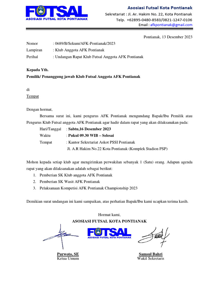 Undangan Rapat Klub Futsal AFK Pontianak | PDF