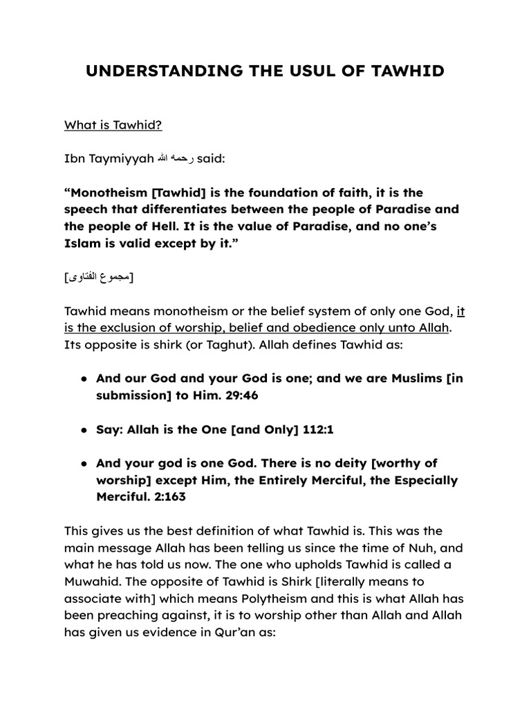 Understanding The Usul of Tawhid | PDF | Tawhid | God In Islam