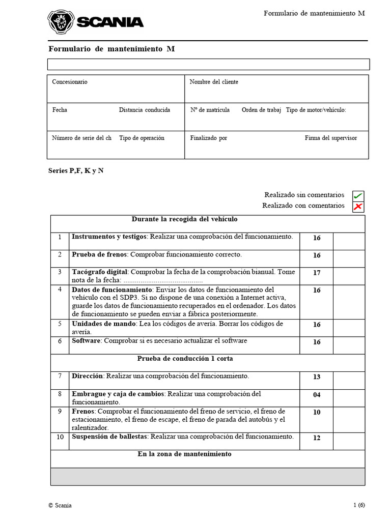 Formulario de Mantenimiento Scania | PDF | Rodamiento (Mecánico ...