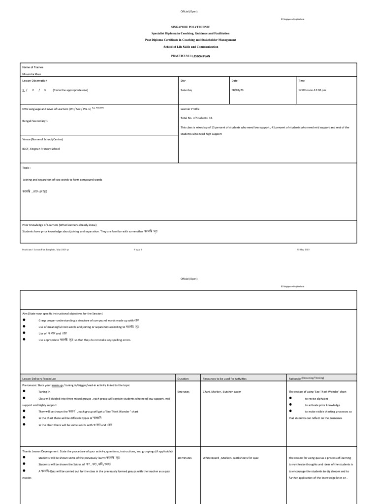Practicum 1 - Lesson Plan - SD PDC1 - 24 June 2023 | PDF | Learning | Lesson Plan