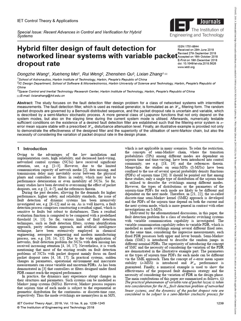 IET Control Theory Appl - 2019 - Wang - Hybrid Filter Design of Fault Detection For Networked ...