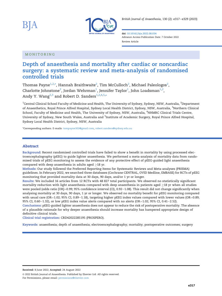 Depth of Anaesthesia and Mortality After Cardiac or Noncardiac Surgery ...