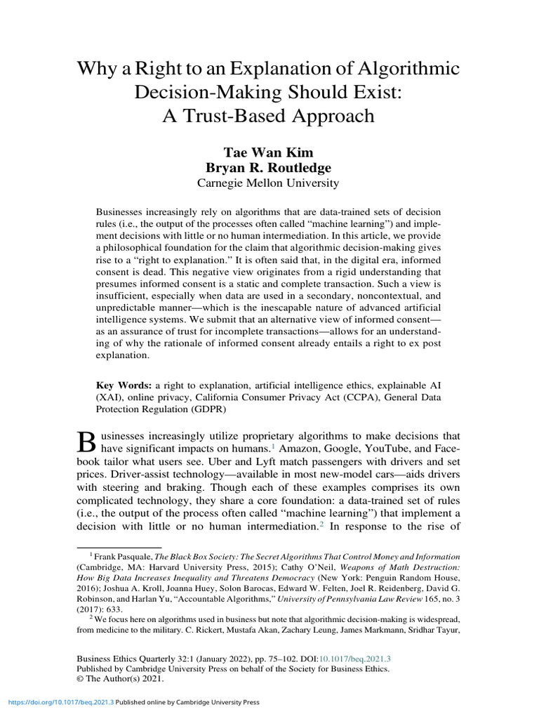 Why A Right To An Explanation of Algorithmic Decis | PDF