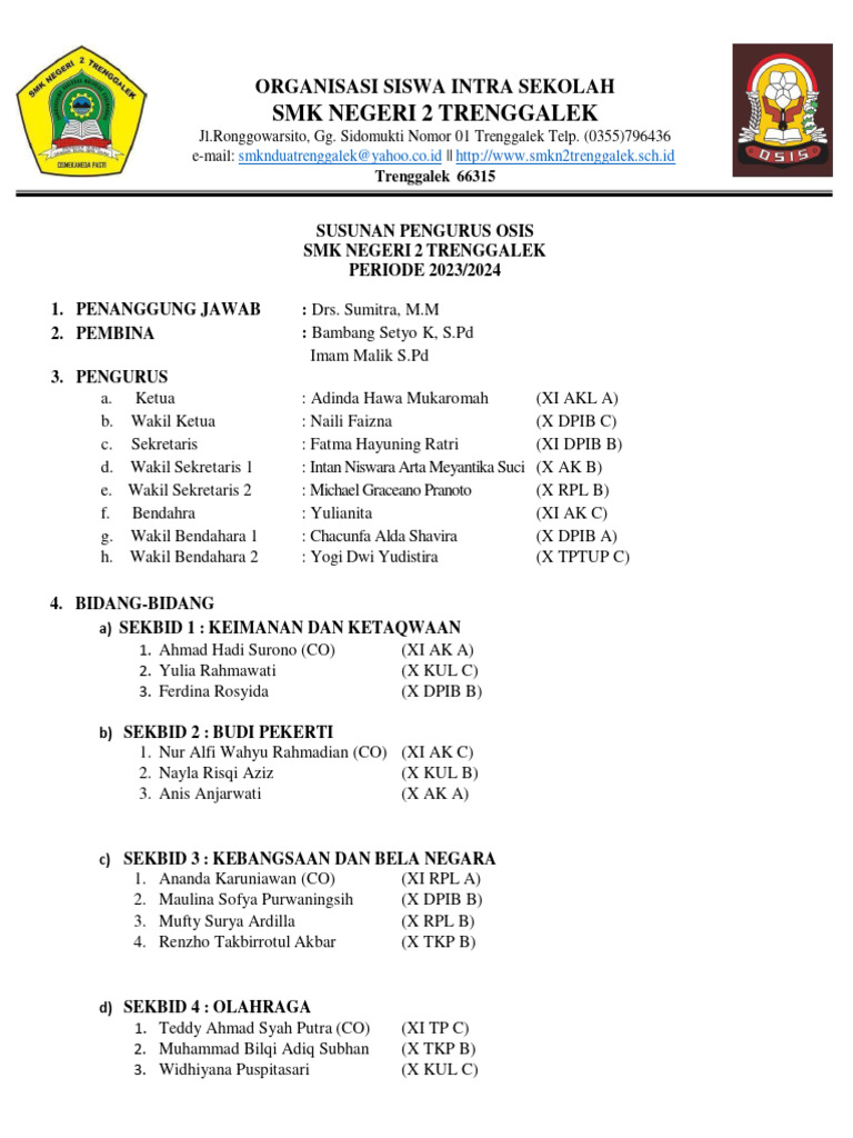 Struktur Pengurus OSIS SMK 2 Trenggalek | PDF | Ilmu Sosial