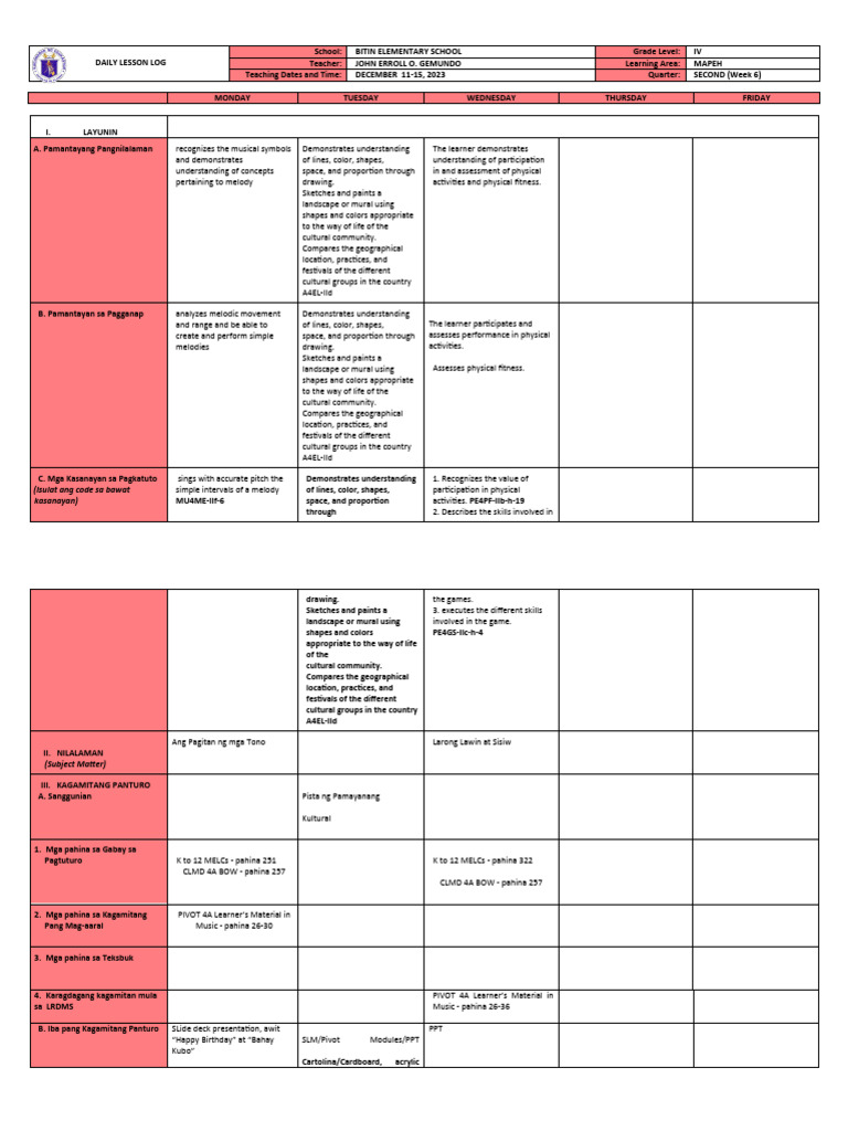DLL - Mapeh 4 - Q2 - W7 | PDF | Learning | Behavior Modification
