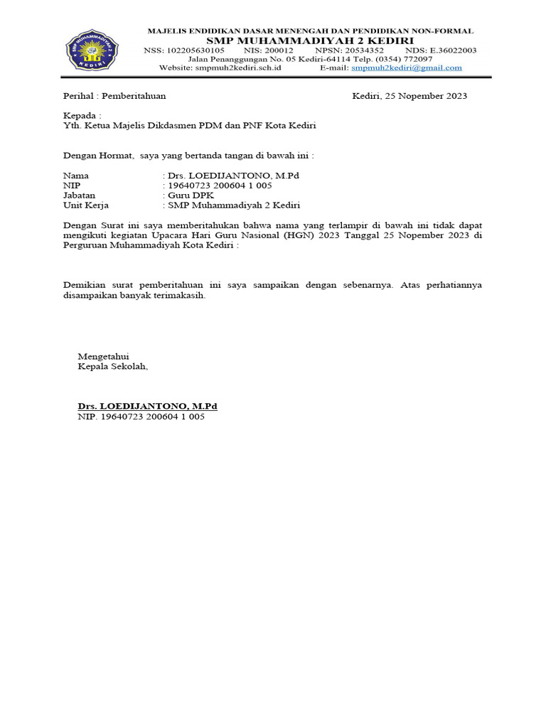 Surat Ijin Tidak Mengikuti Kegiatan | PDF