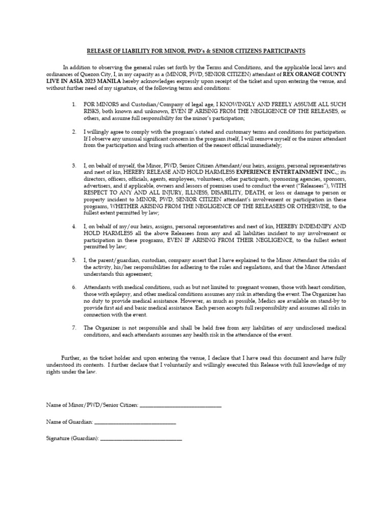 Rex Orange County in Manila - Waiver Form | PDF | Legal Liability ...