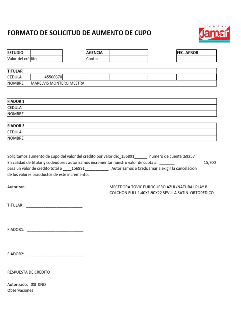 Formato de Aumento de Cupo Marelvis Montero Mestra | PDF