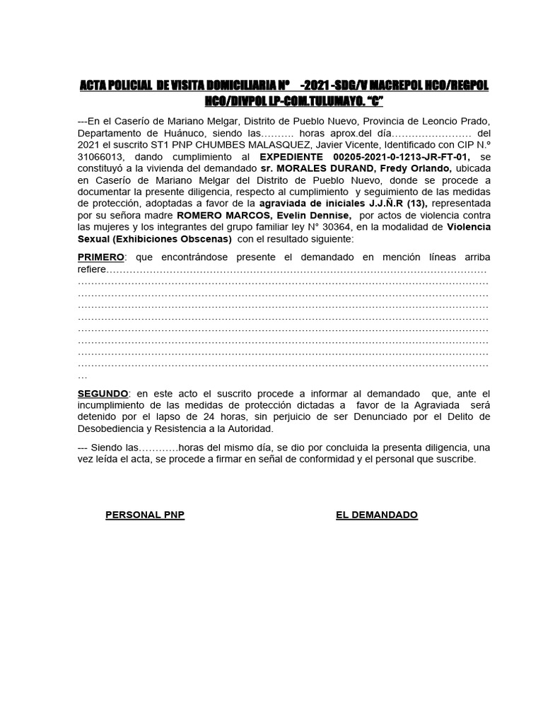 MODELO DE ACTA DE VISITA DOMICILIARIA . | PDF