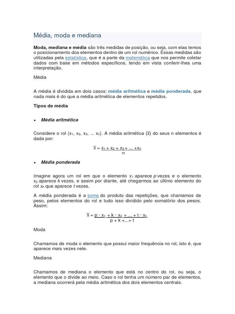 Moda, Média e Mediana na Estatística | PDF | Métodos e Materiais de Ensino