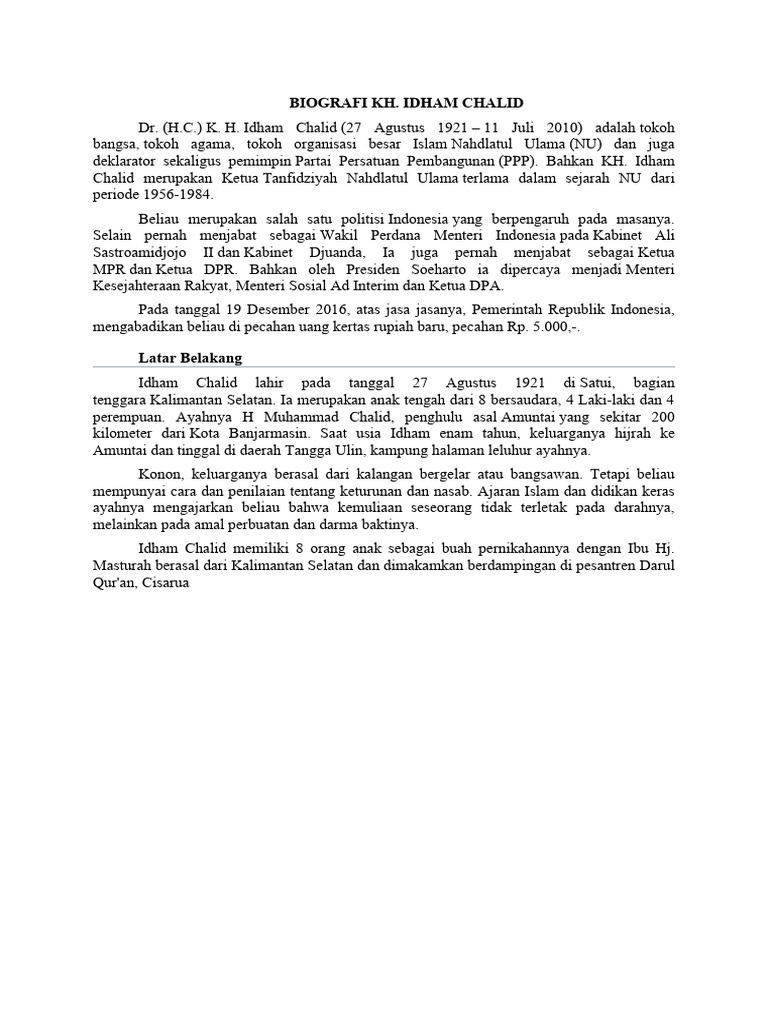 Biografi KH Idham Chalid | PDF