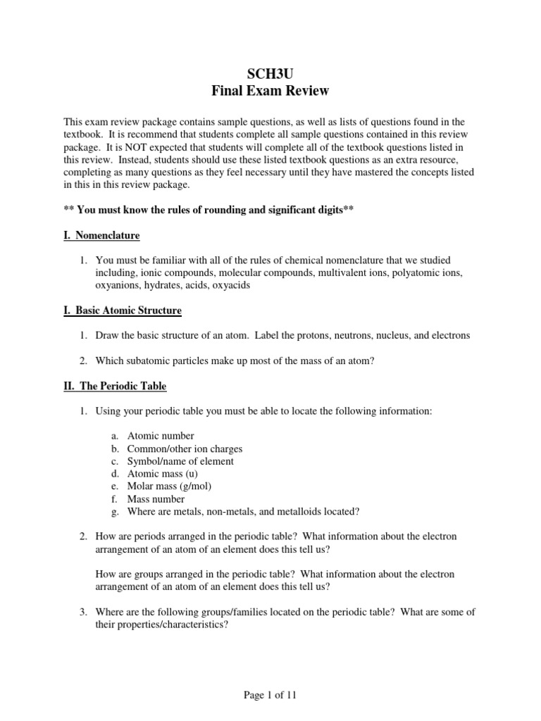SCH3U1 Final Exam Review 2023-2024 | PDF | Mole (Unit) | Chemical Bond