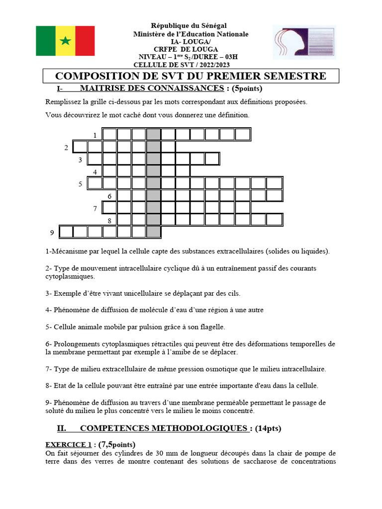 Composition SVT 1ère S2 Sénégal 2023 | PDF | Membrane cellulaire | Cellule (Biologie)