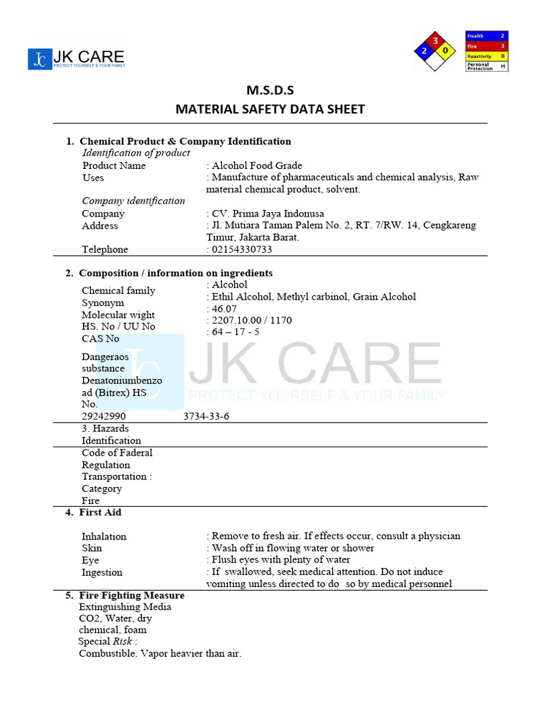MSDS for 70% Alcohol Safety | PDF | Self-Improvement | Wellness