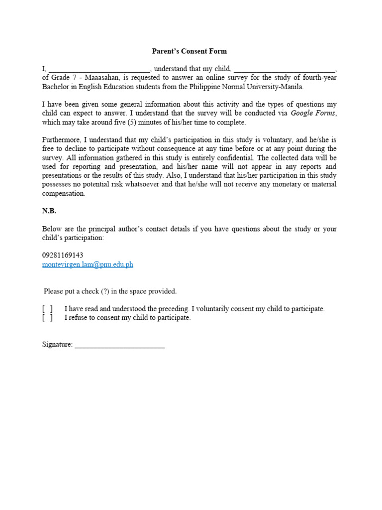Parent's Consent Form | PDF | Learning