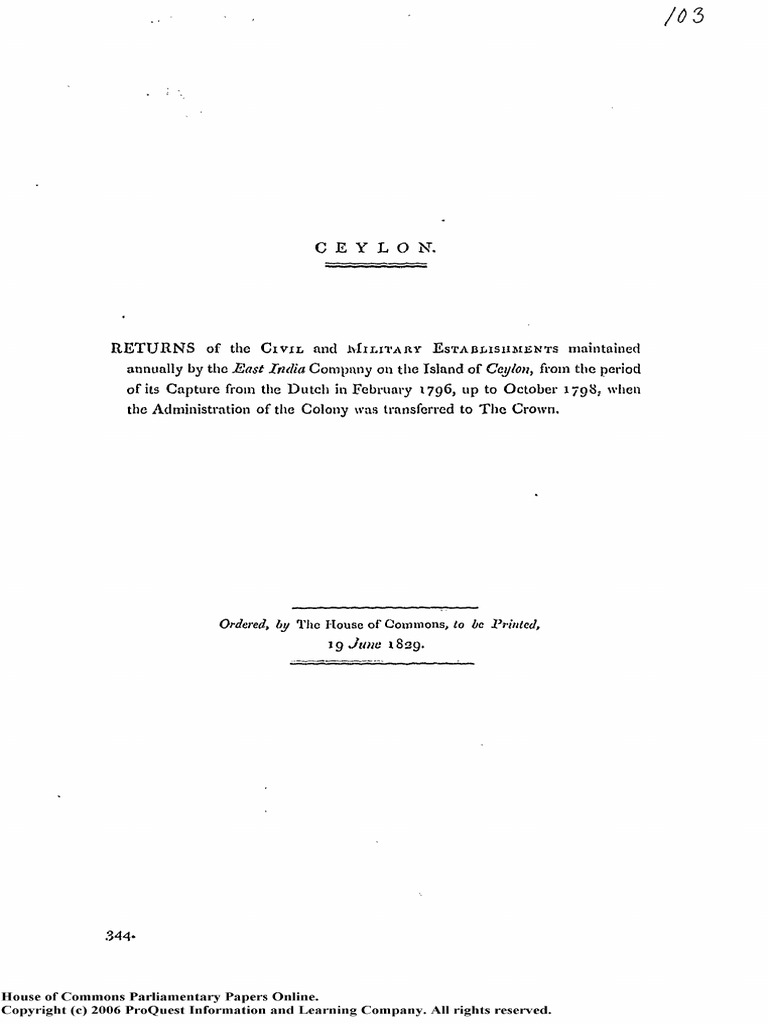 Ceylon Returns by The East India Company From The Period of Its Capture ...