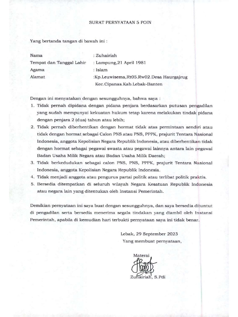 Surat Pernyataan Lima Point | PDF