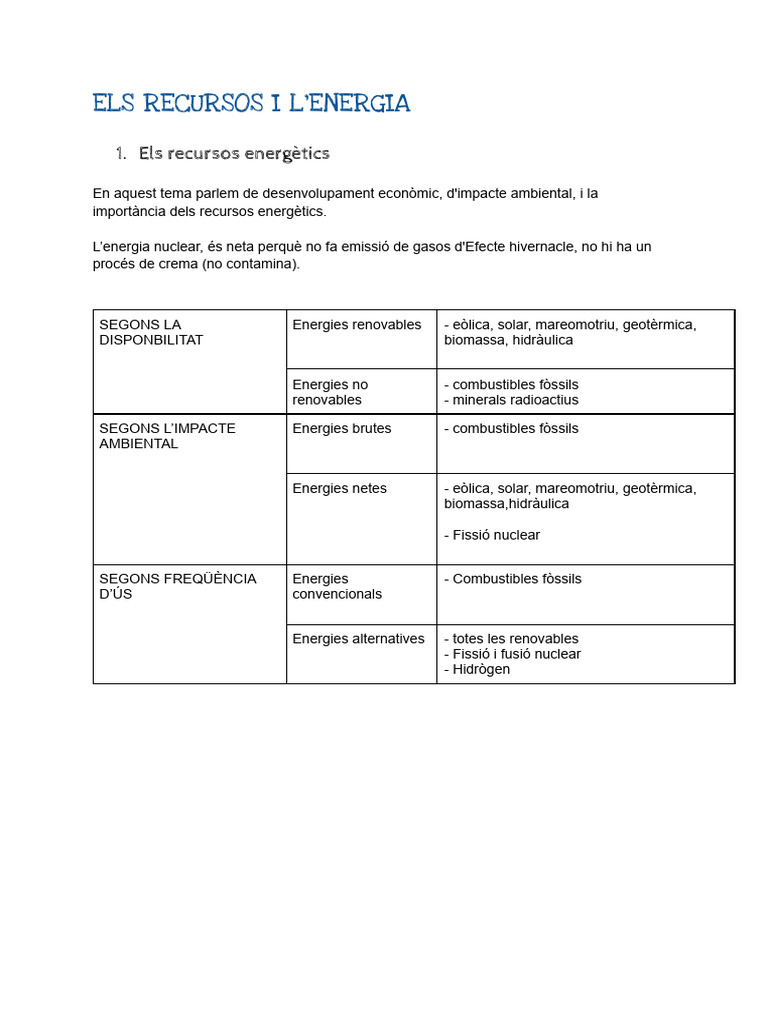 ELS RECURSOS I L'ENERGIA T3 | PDF
