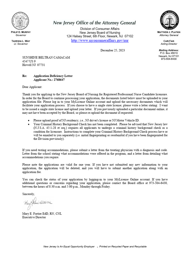 NJ Nursing Application Deficiency Notice | PDF